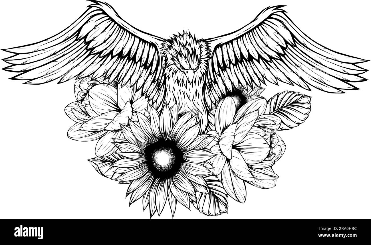 Vector Cartoon Bald Eagle With Spreaded Wings Line Art Stock Vector ...