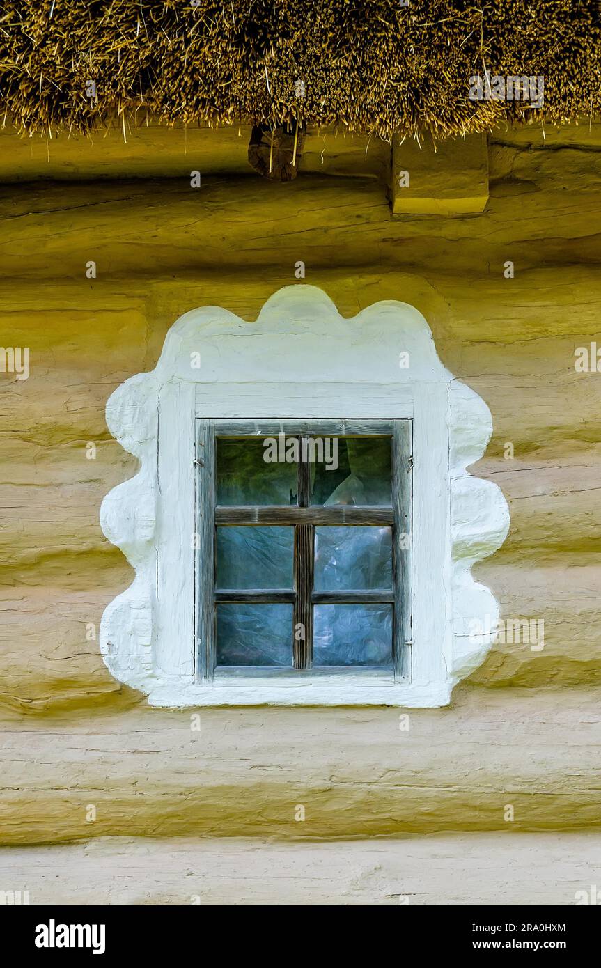Detail of a window of a typical ukrainian antique house, in Pirogovo ...