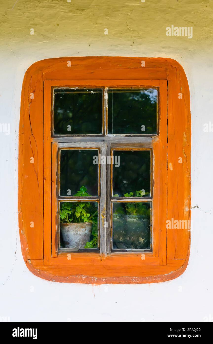 Detail of a window of a typical ukrainian antique house, in Pirogovo ...