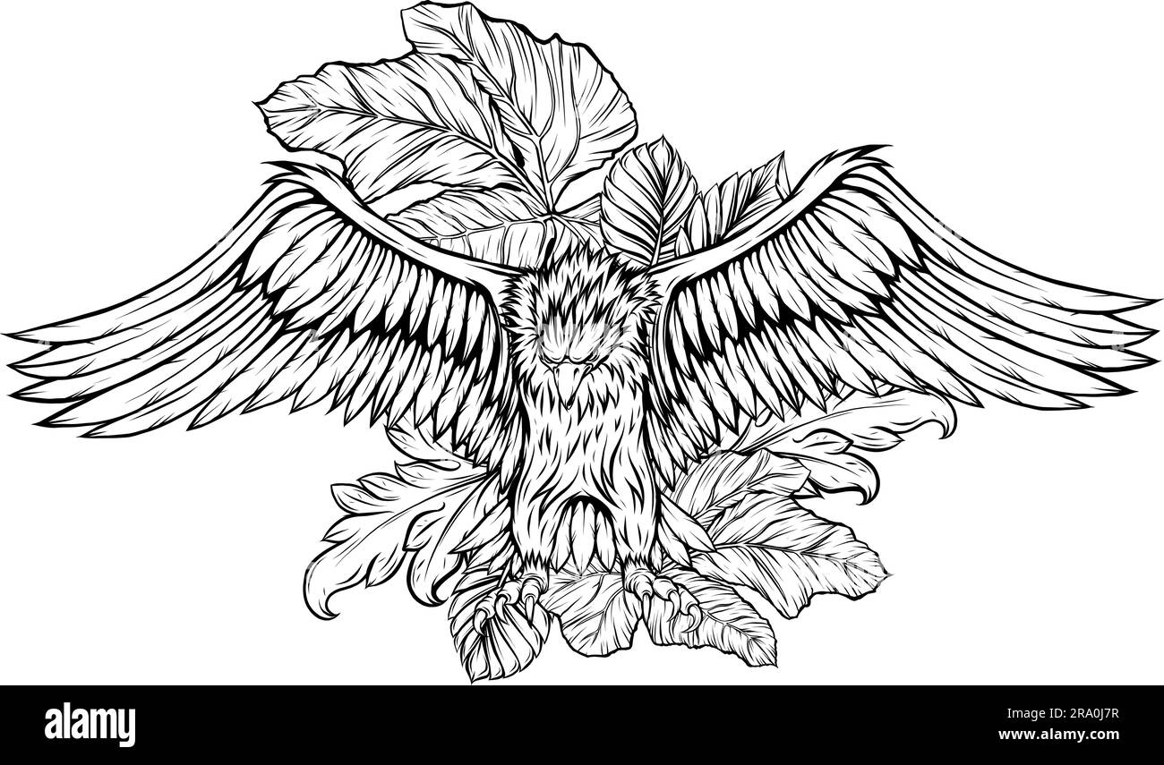 Vector Cartoon Bald Eagle With Spreaded Wings Line Art Stock Vector ...