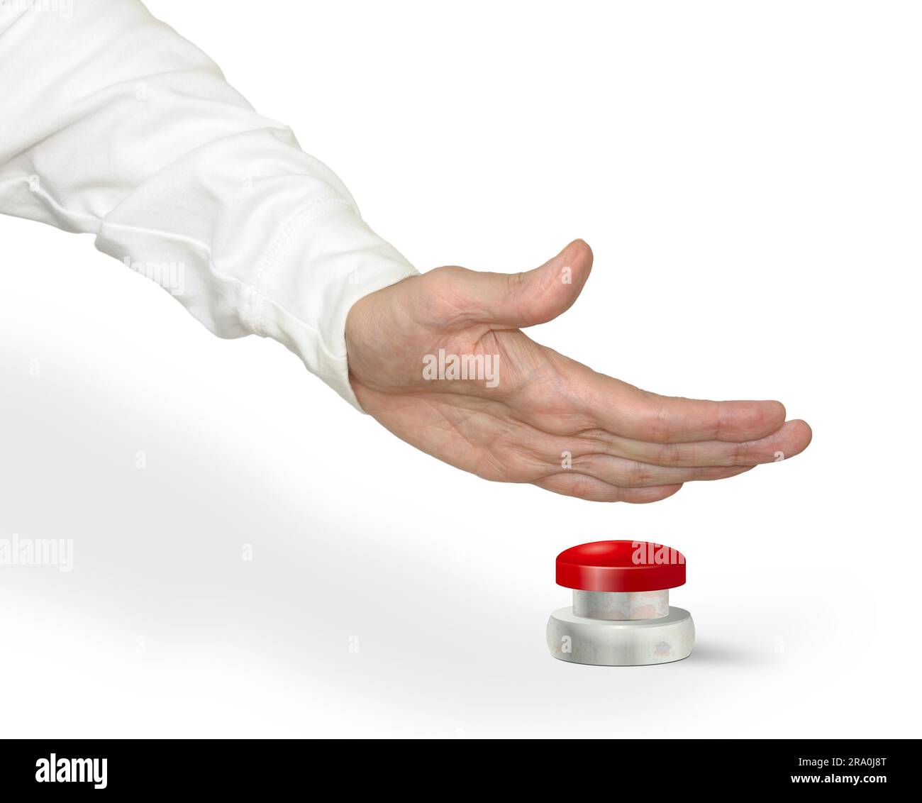 A man pushing a big red start stop alarm button with the palm of hand ...