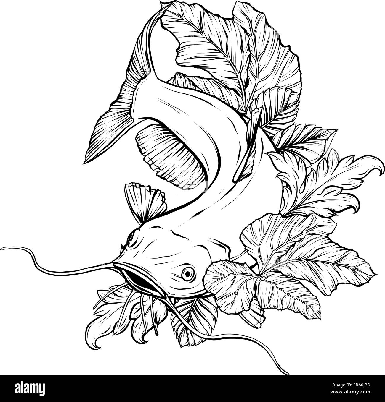 Hand-drawn Catfish. Black and white. Vector sketch of a fish Stock ...