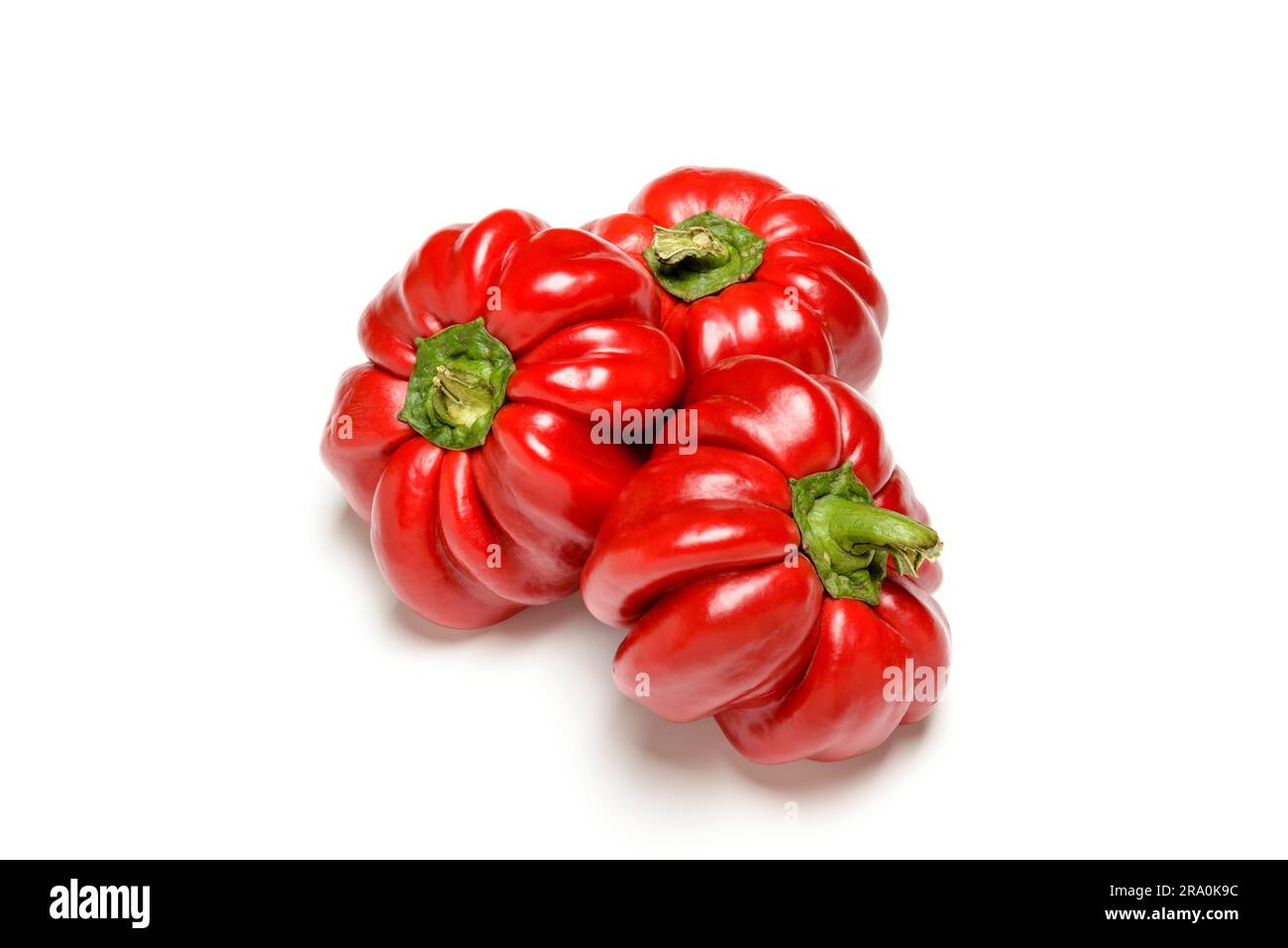 Three bell peppers from the kitchen garden, isolated on white ...