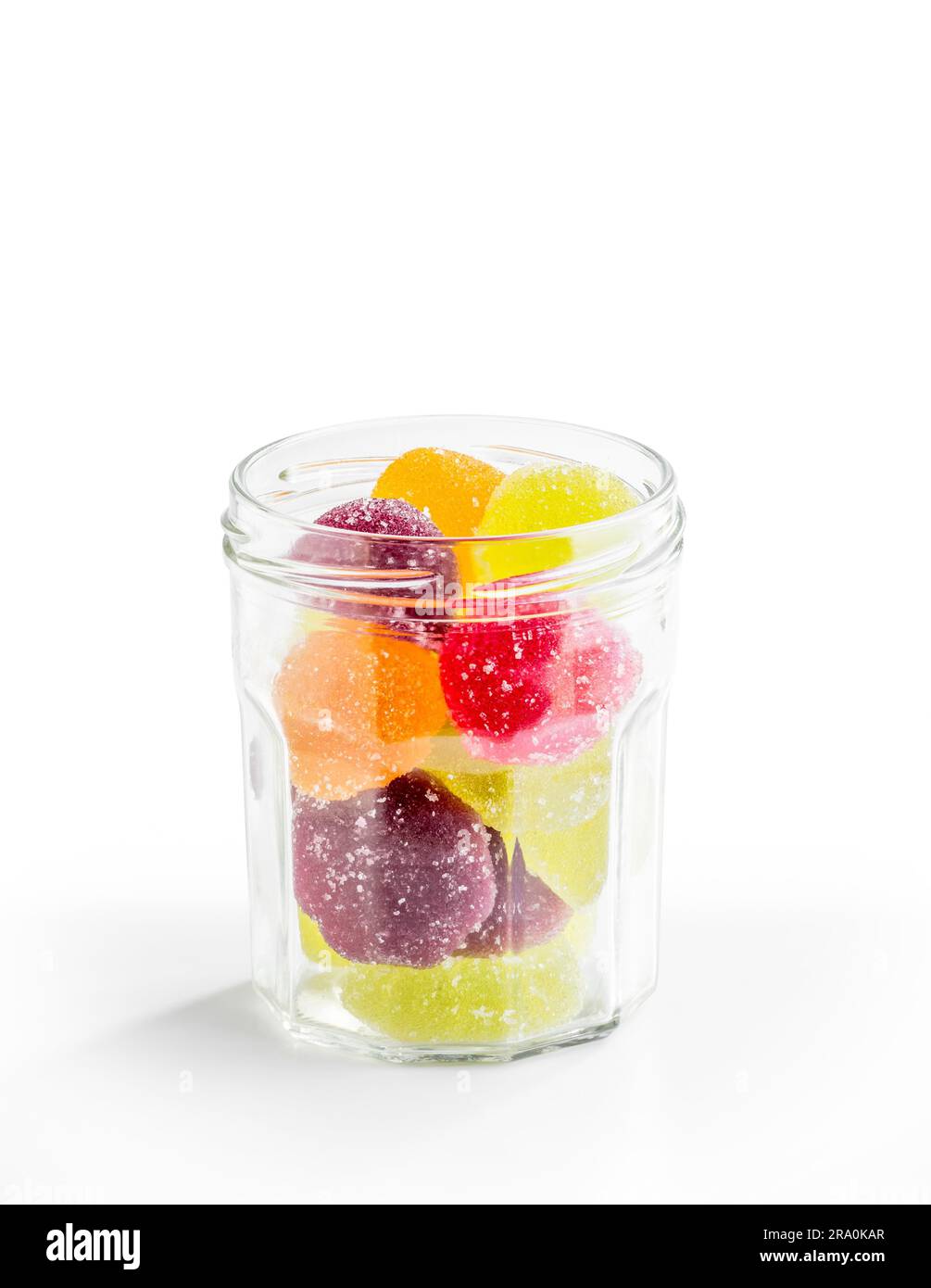 Colorful fruit jelly in open glass jar, on white background Stock Photo ...