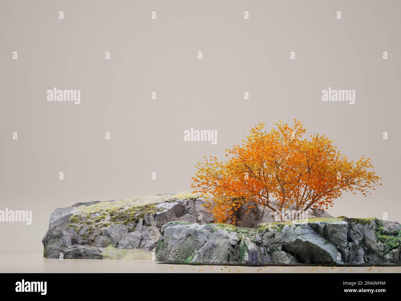 Autumn tree and rock isolated on blue background. Minimal concept with ...