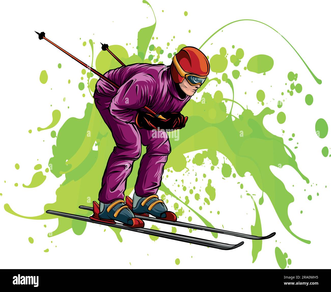 Man skiing illustration, rounded shapes cartoon style, skier slide ...