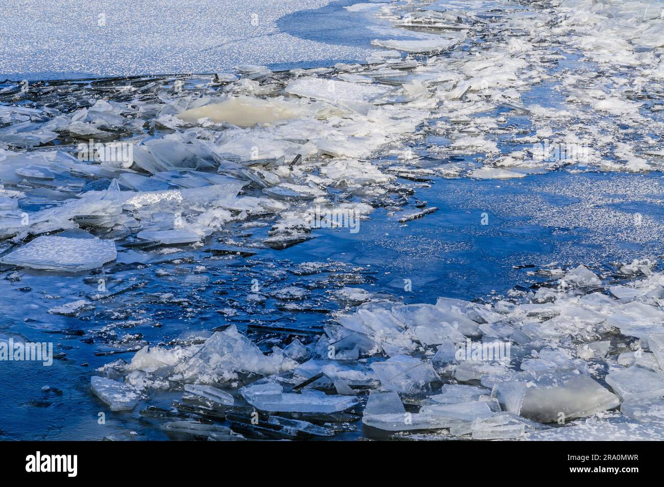 The Dnieper river in Kiev is completely frozen. Blocks of ice ...