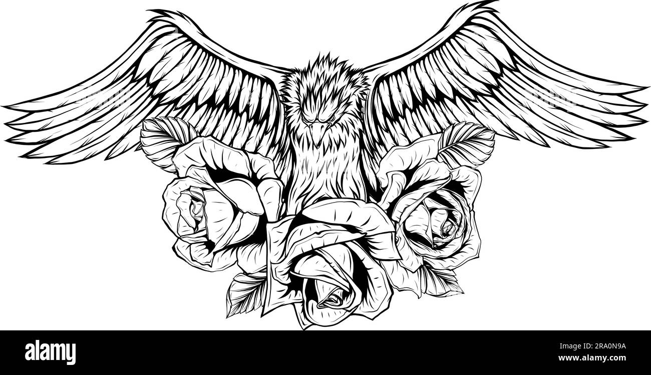 Vector Cartoon Bald Eagle With Spreaded Wings Line Art Stock Vector ...