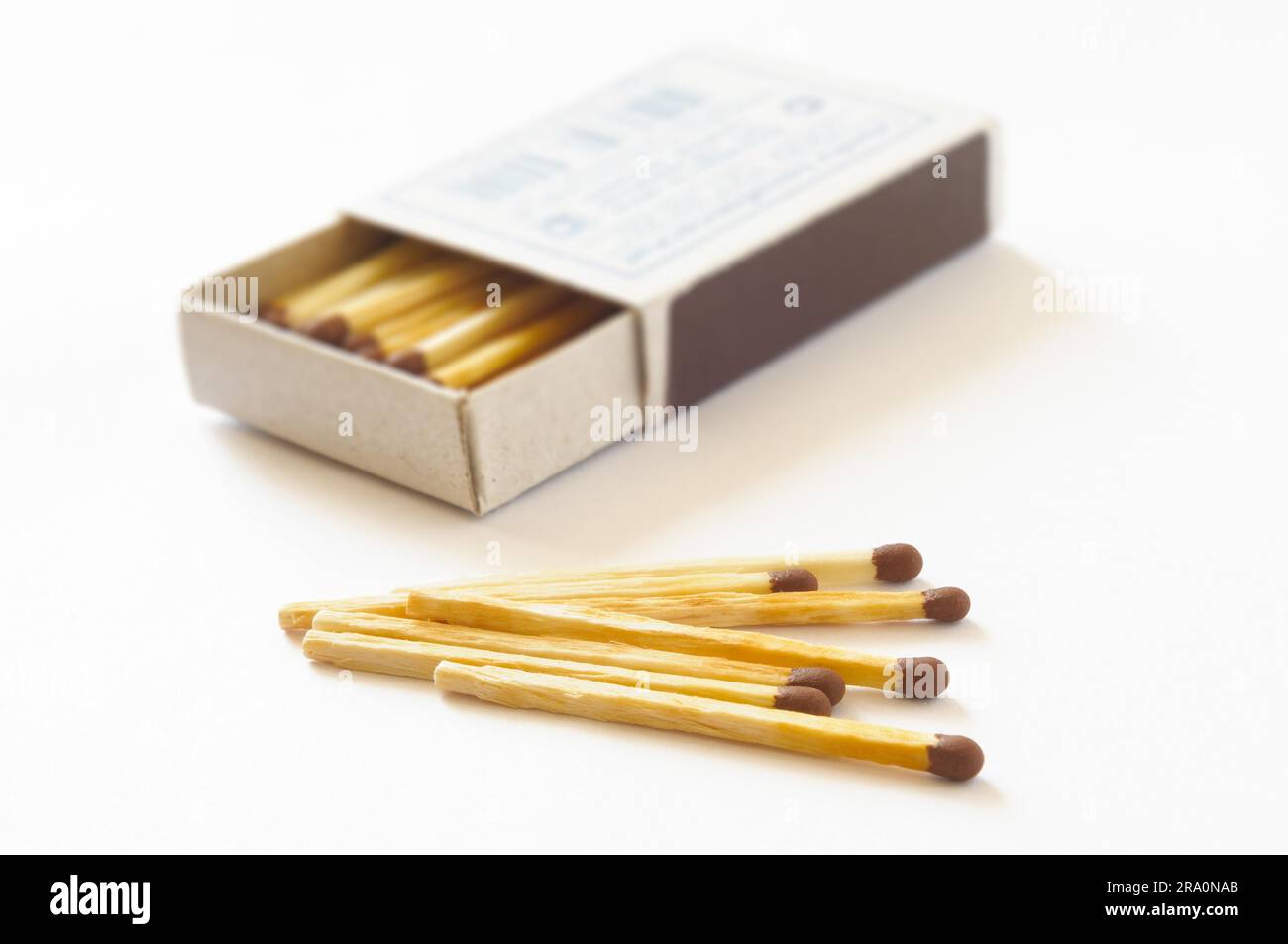 Open matchbox with some matches on a white table Stock Photo - Alamy