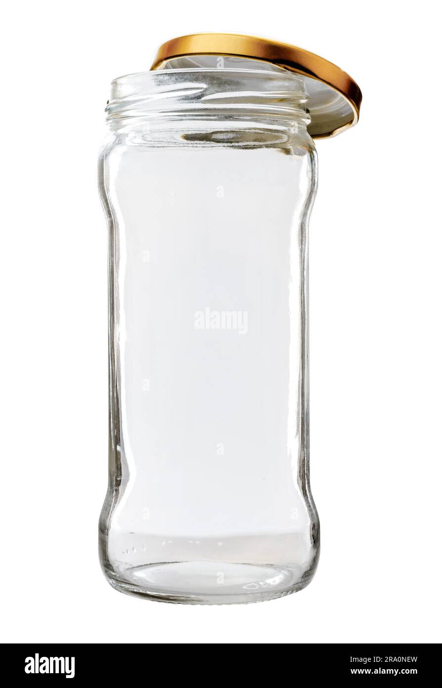 High transparent glass jar on white background, with the open gold ...