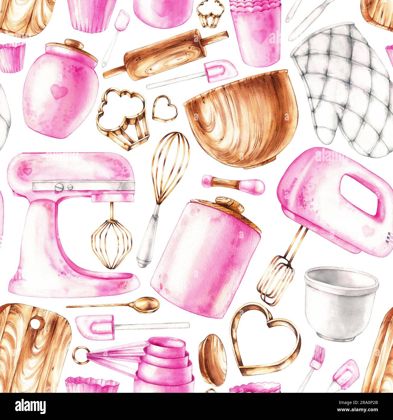 Pattern of tools for baking on a white background. Mixer, rolling pin ...
