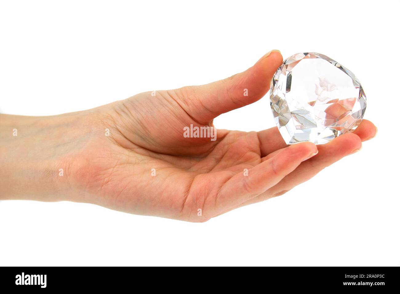 Women's hand holds crystal with declaration of love isolated Stock ...