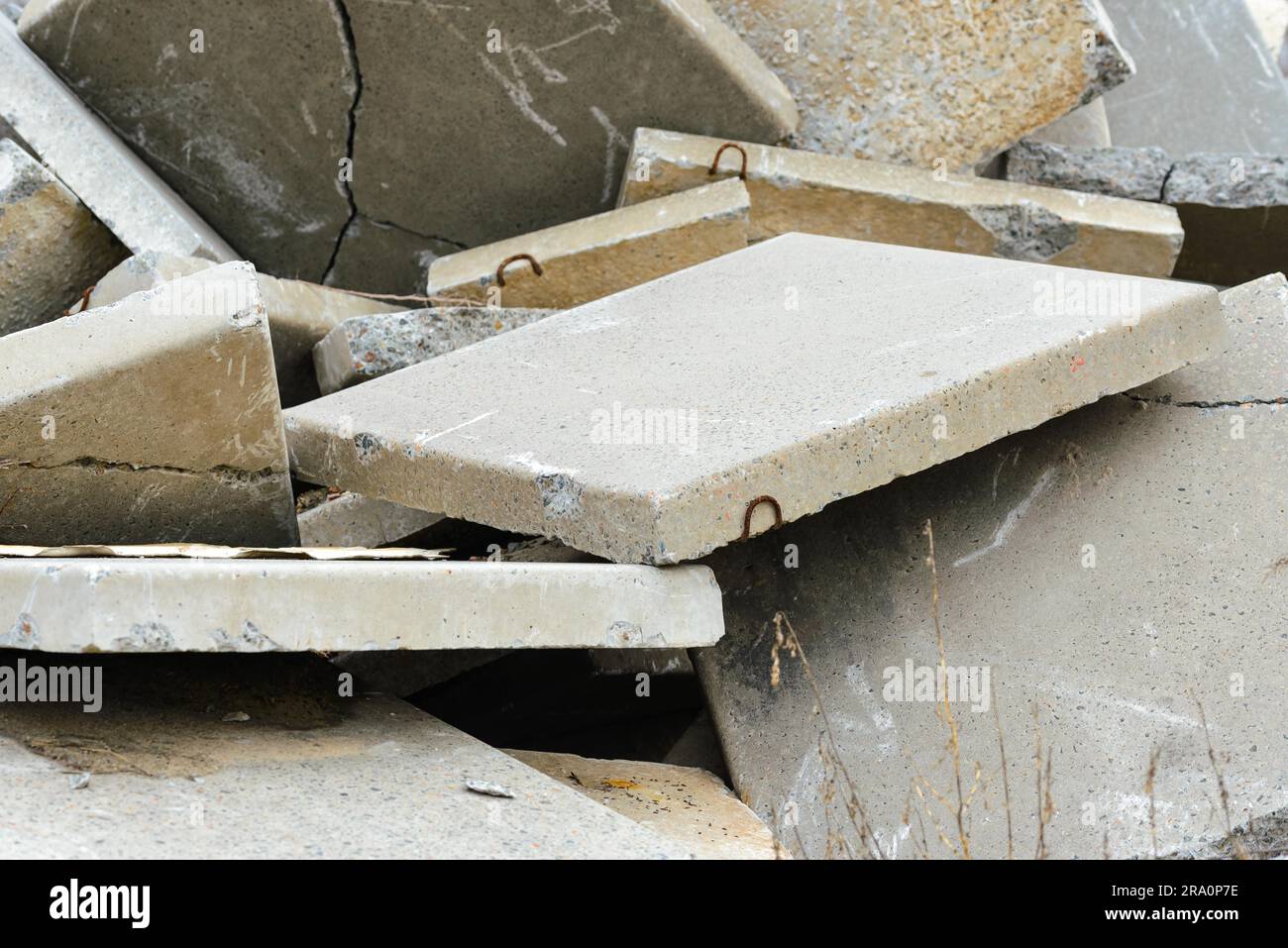 Detail of old and damaged reinforced concrete slabs on an abandoned ...