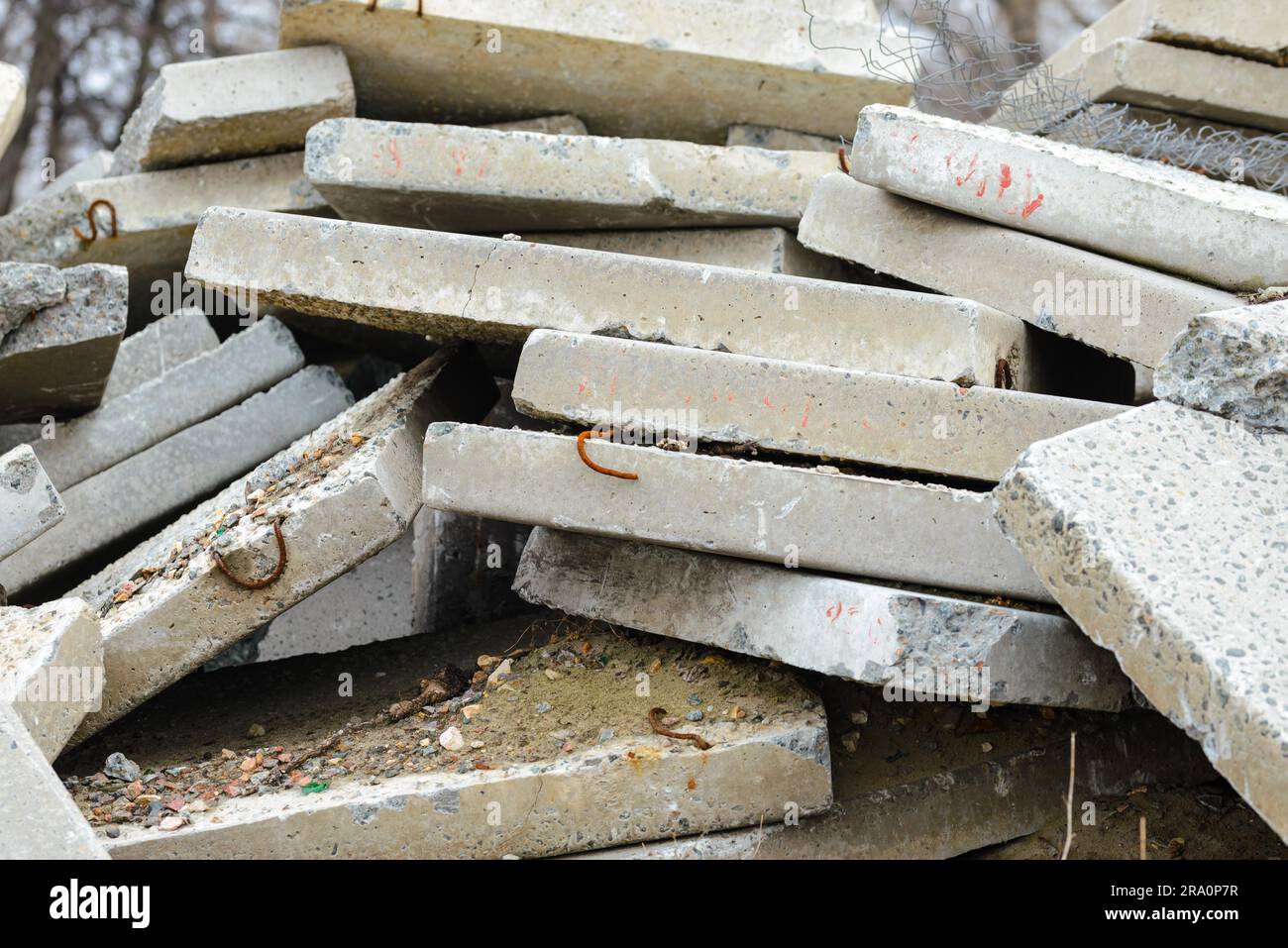 Detail of old and damaged reinforced concrete slabs on an abandoned ...