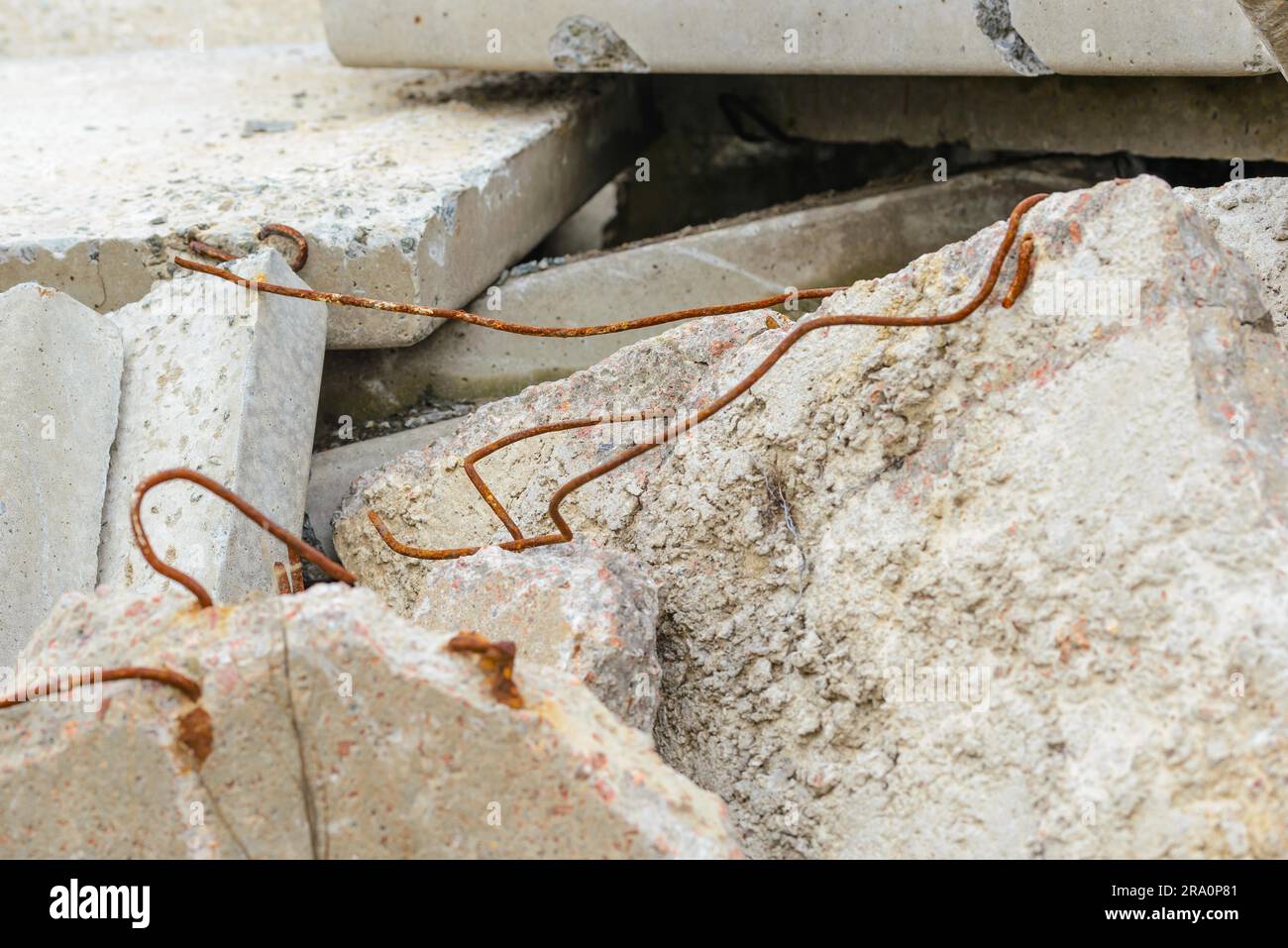 Detail of old and damaged reinforced concrete slabs on an abandoned ...