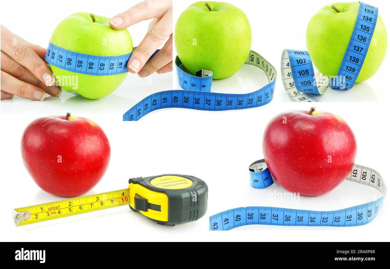 Set of bright apples and measuring tapes isolated on a white background ...