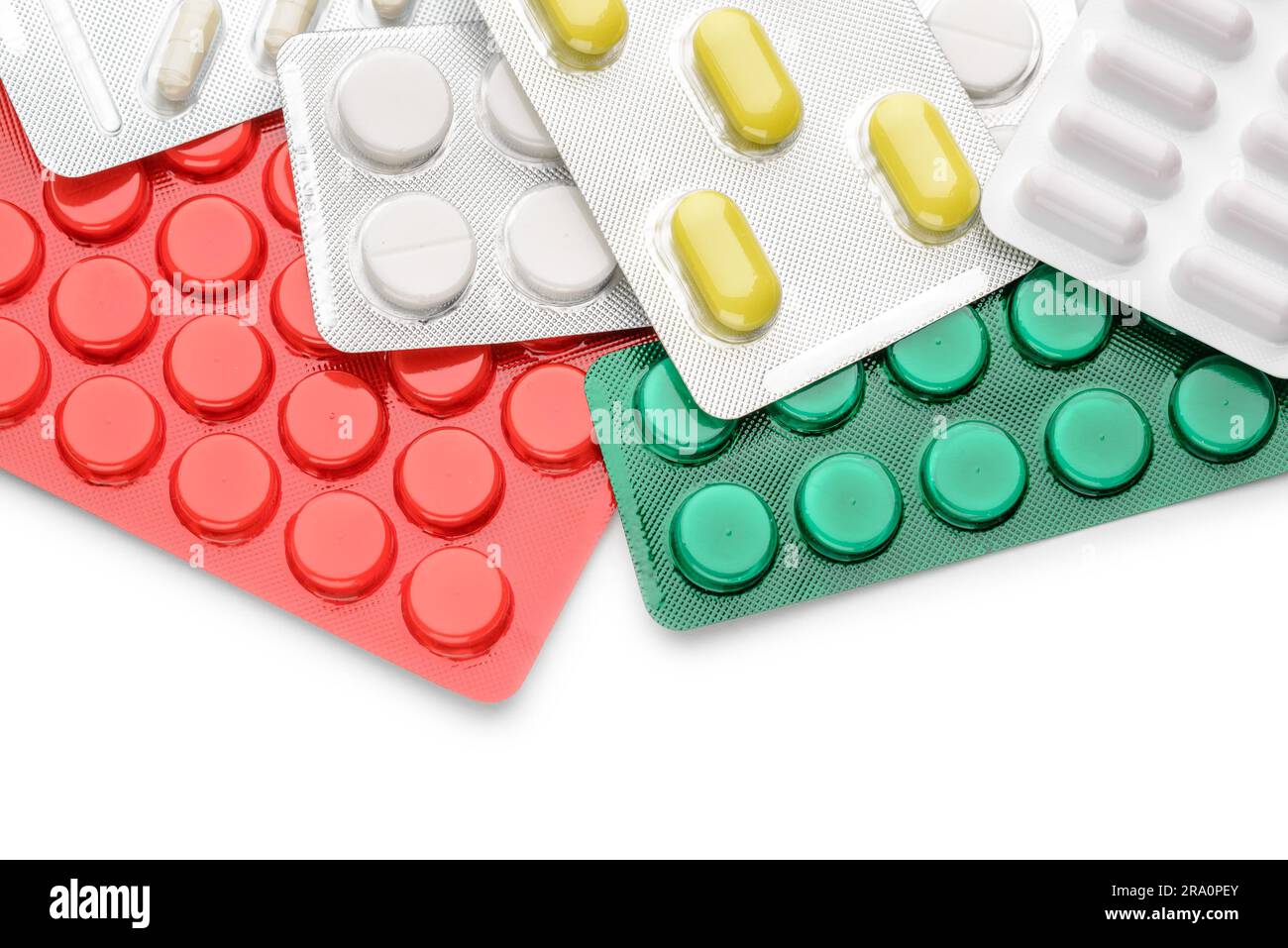 Red, yellow, green and white pills blisters of pharmacy to cure pain ...