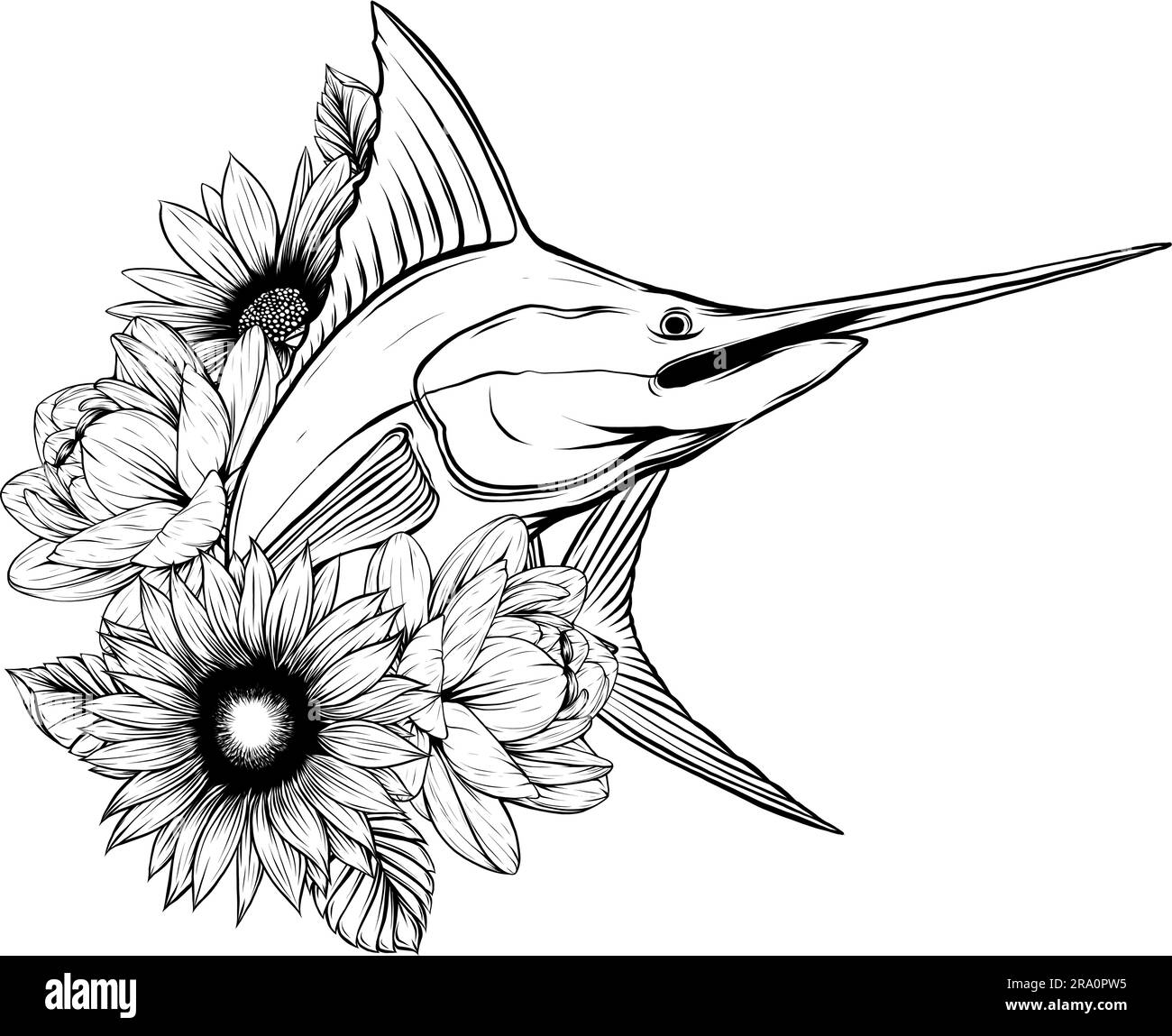 Simple minimalistic vector illustration of black and white swordfish ...