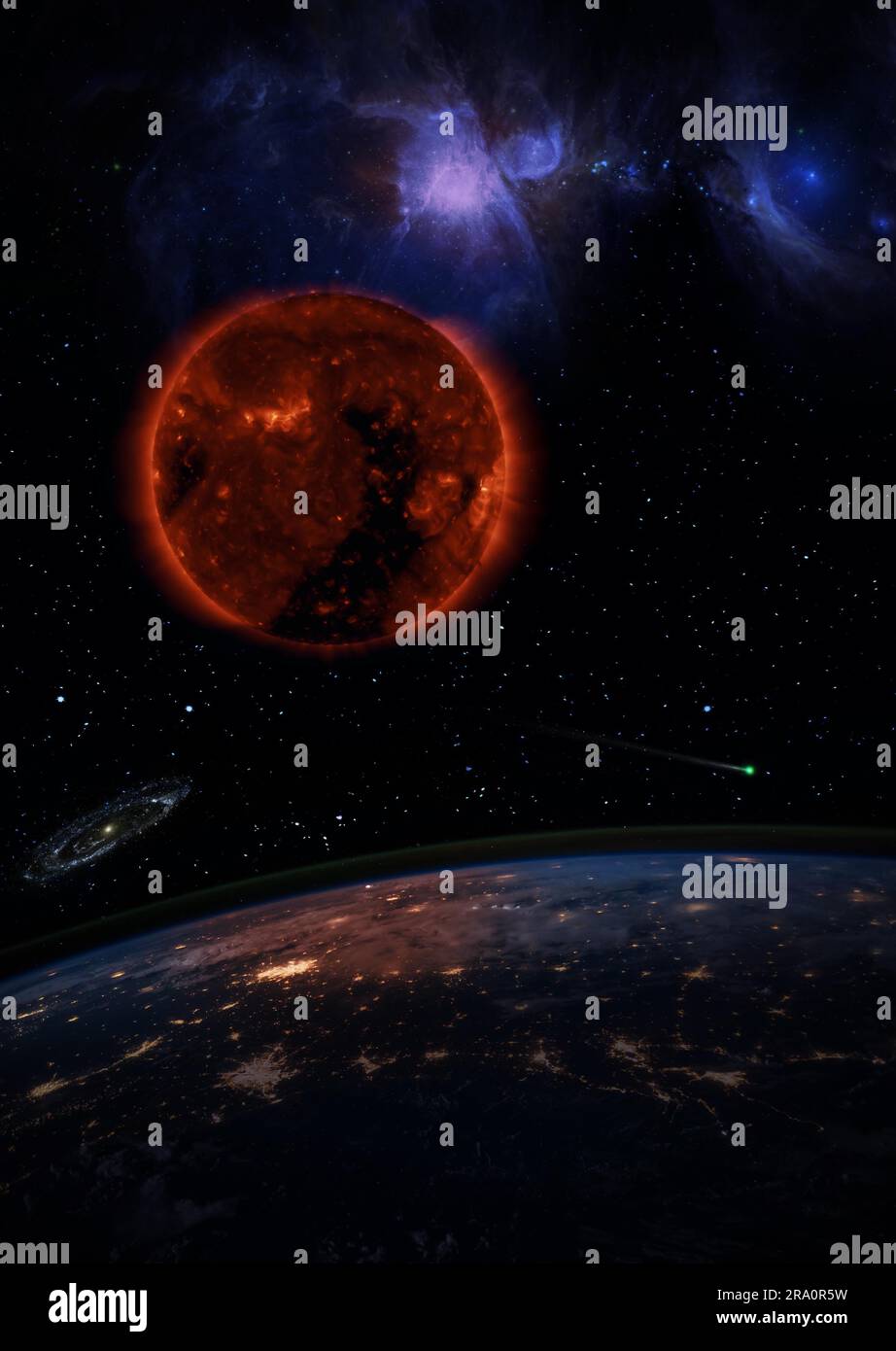 Dying Sun over the dark planet Earth. A galaxy is spinning in the ...
