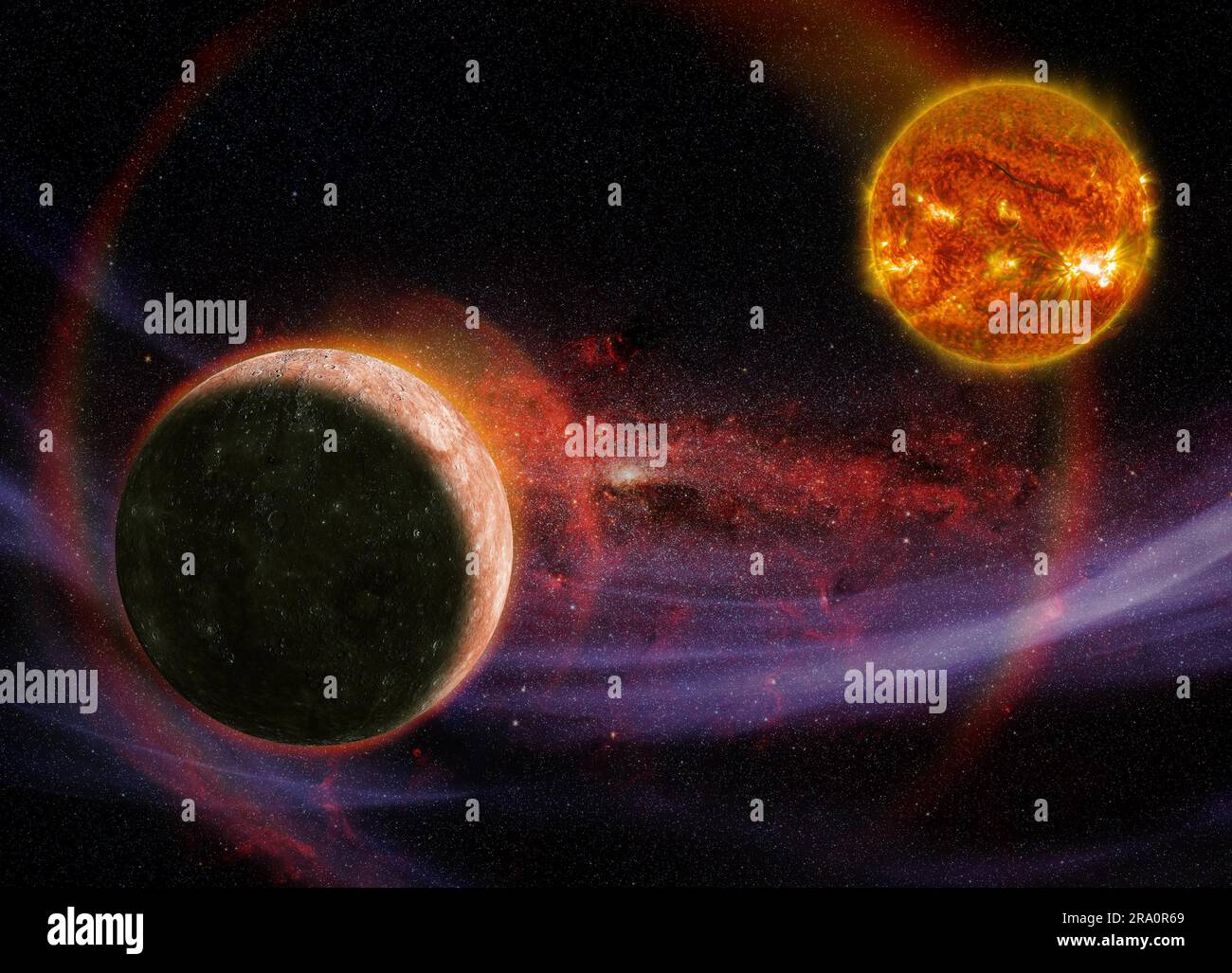 Mercury is orbiting close to an old erupting Sun. In the background ...