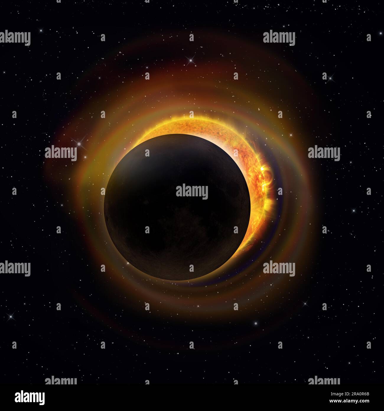 Partial solar eclipse with colorful halo on a starry sky background ...