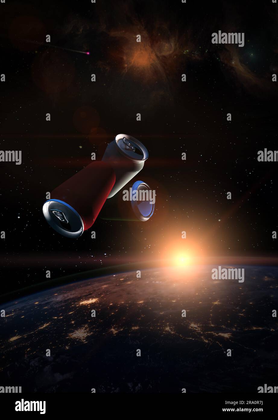 Garbage in space concept. Soda tin cans over the dark planet Earth at ...