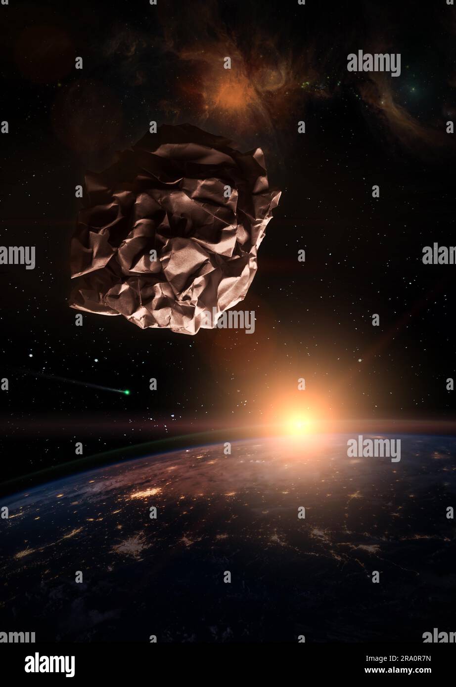 Garbage in space concept. Crumbled paper meteorite over the dark planet ...