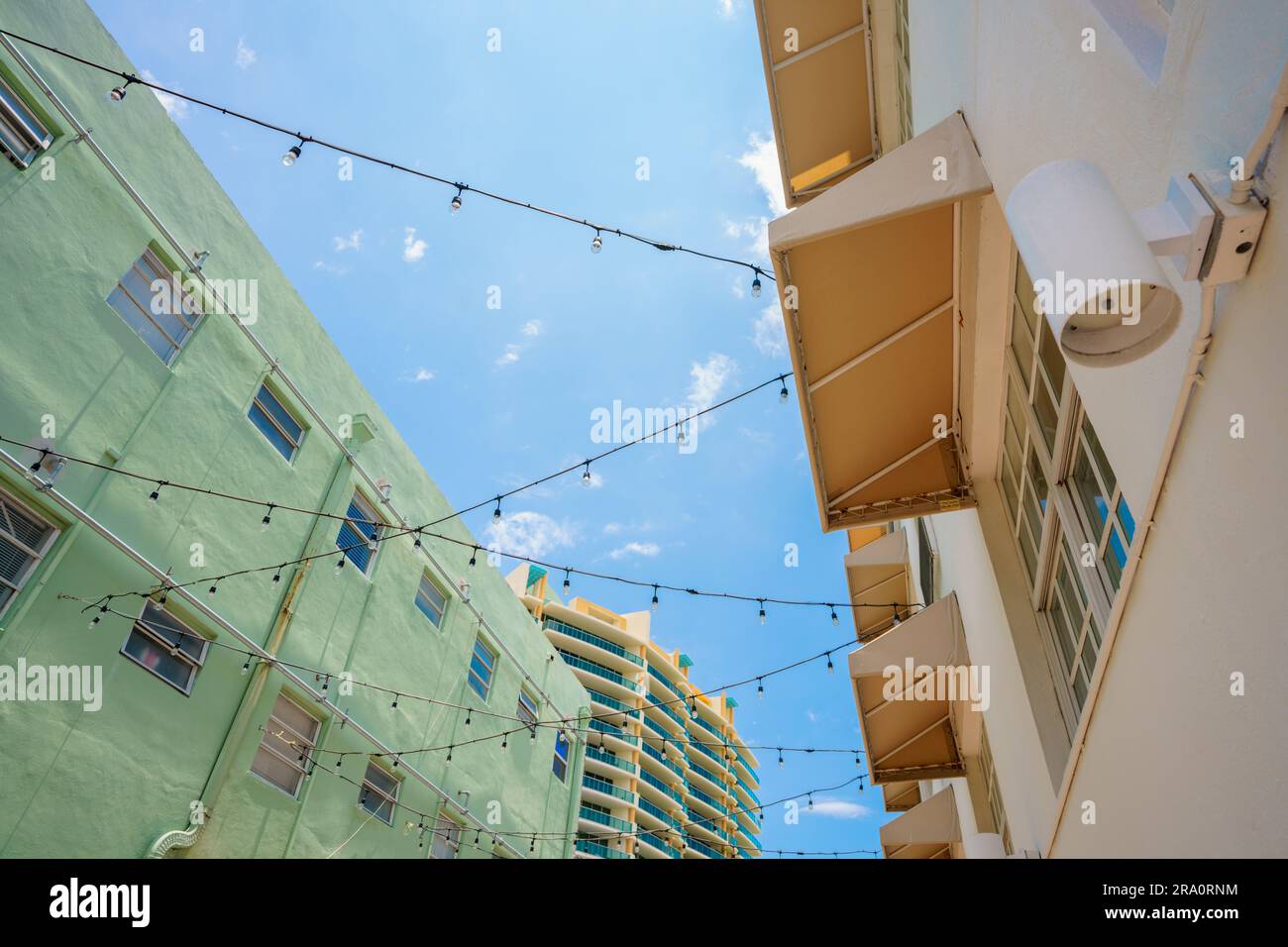 Miami Beach architecture with buildings and string lights Stock Photo ...
