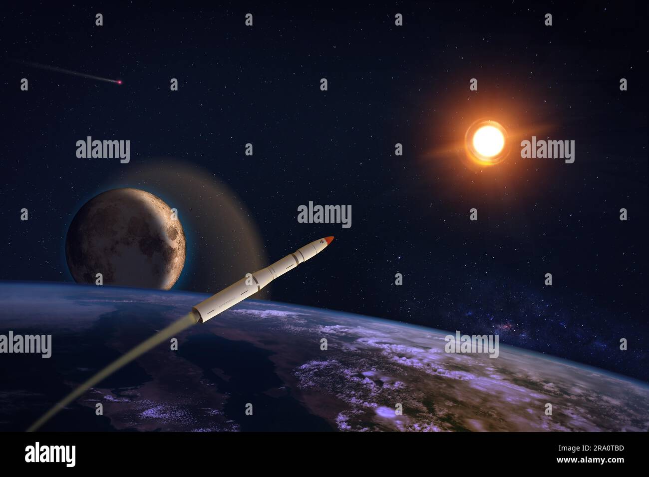 Hypersonic missile or rocket over the apocalyptic Earth. A comet runs ...