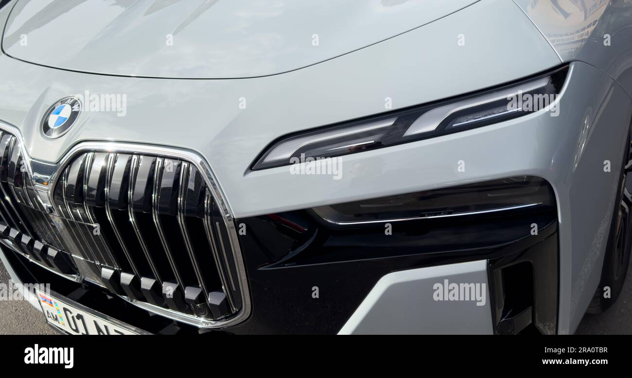 Yerevan, Armenia, June 10, 2023: Close up BMW i7 radiator grill. BMW I7 ...