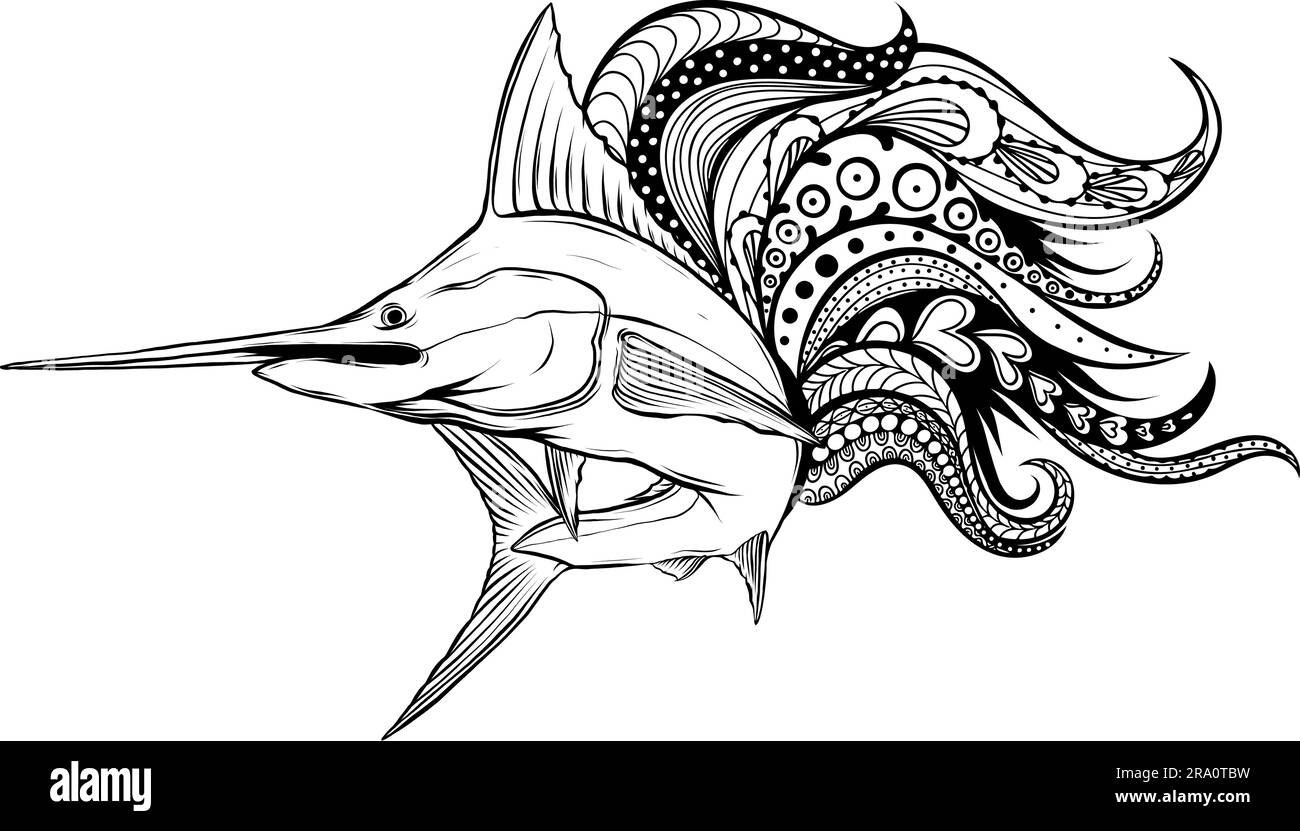 Simple minimalistic vector illustration of black and white swordfish ...