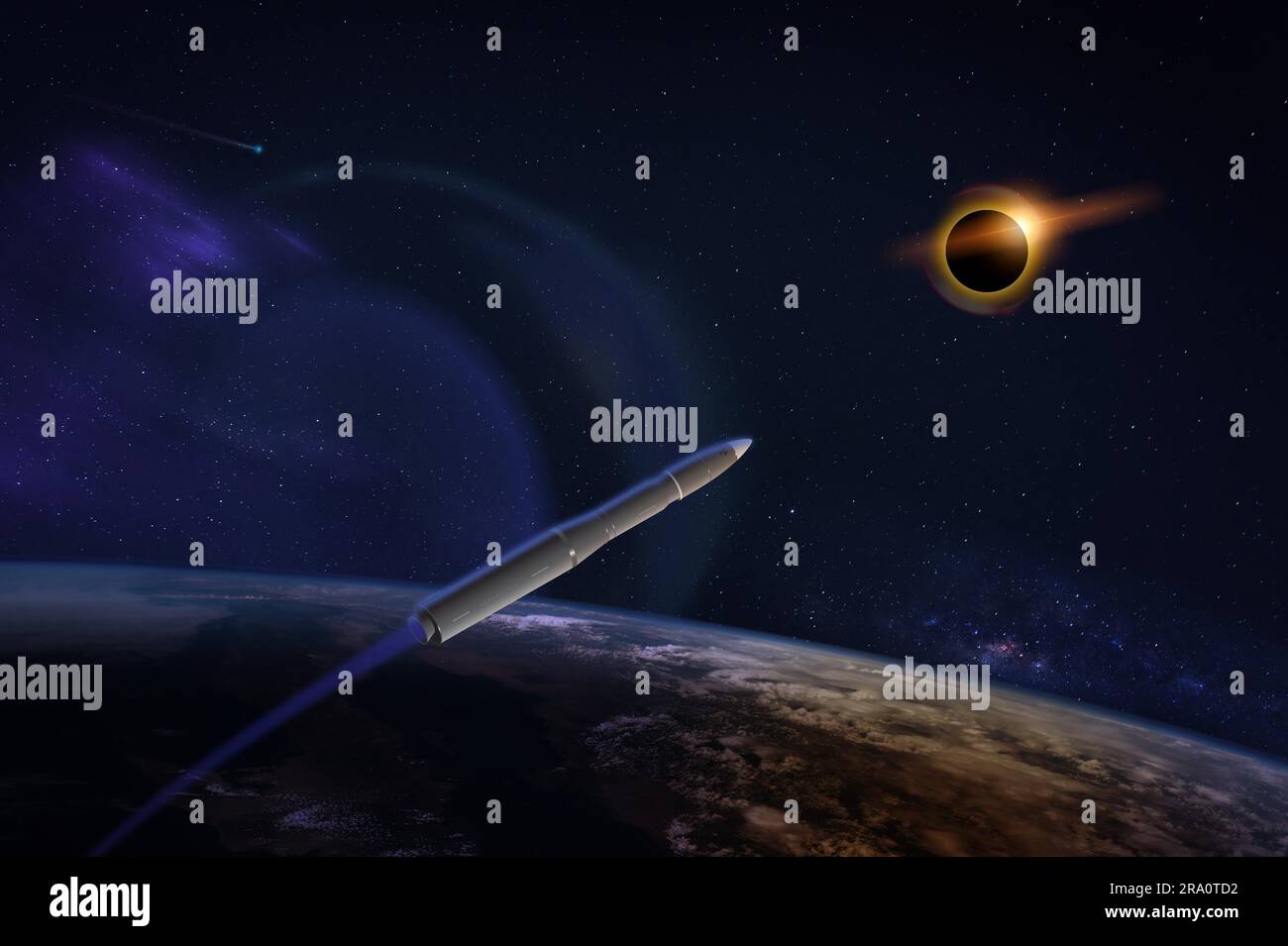 Hypersonic missile or rocket over the apocalyptic Earth during a solar ...