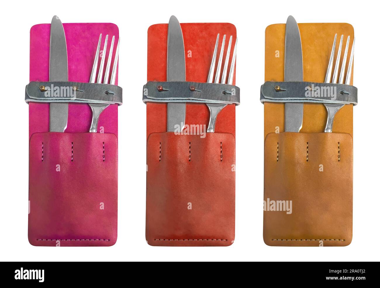 Fork and knife ib brown leather case isolated on white background ...