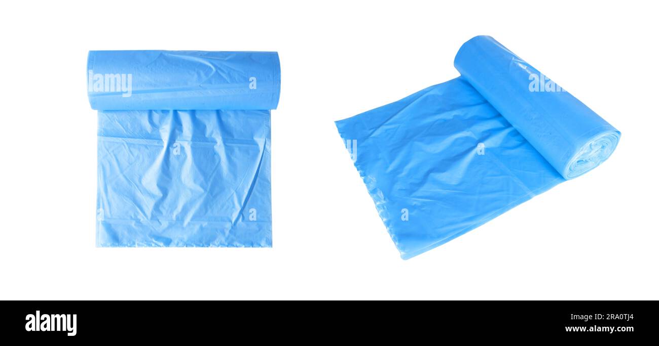 Blue rolls of garbage bin bags isolated on white background with copy ...