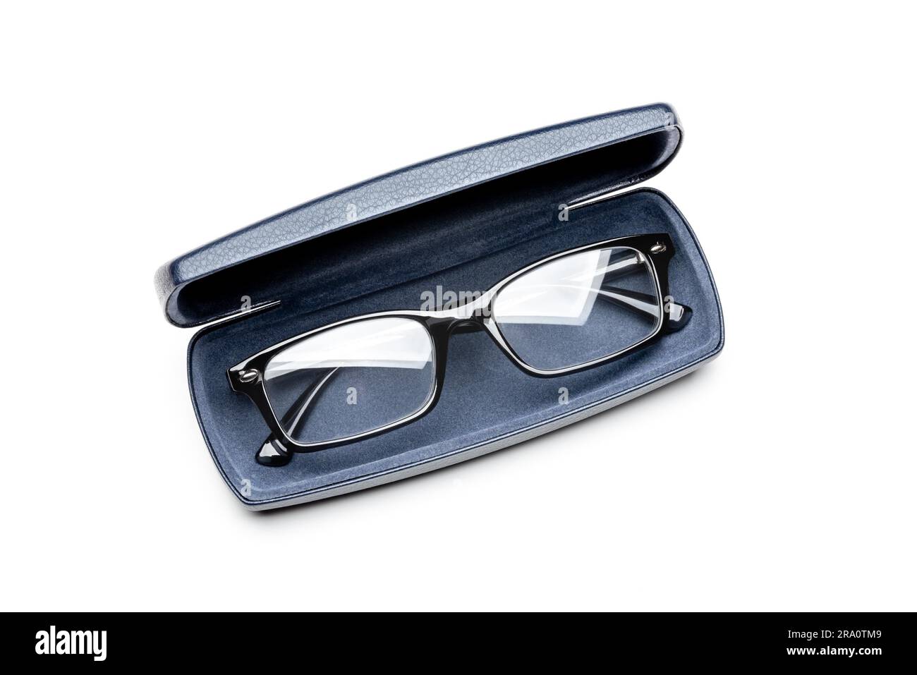 Modern spectacles, or eyeglasses, in a dark blue leather case, isolated ...
