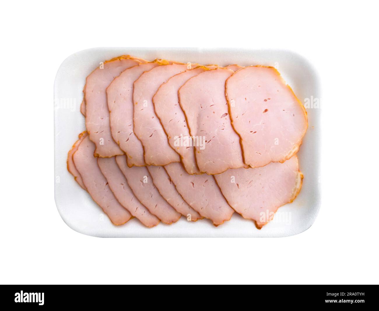 Top view of sliced smoked beef meat isolated on black background. Raw ...
