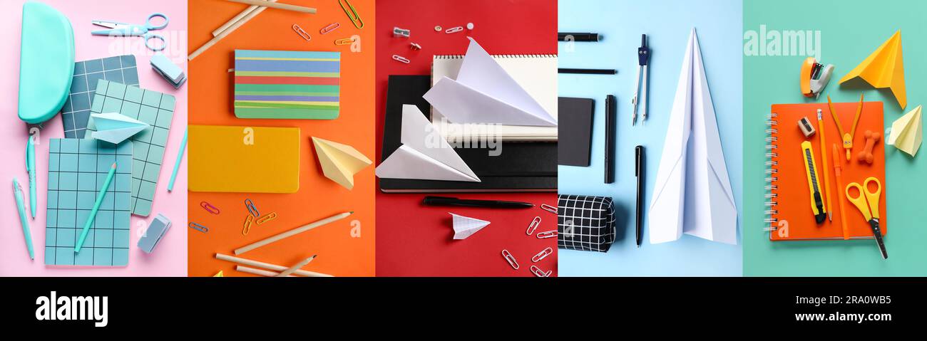 Set of school supplies and paper planes on color background Stock Photo ...
