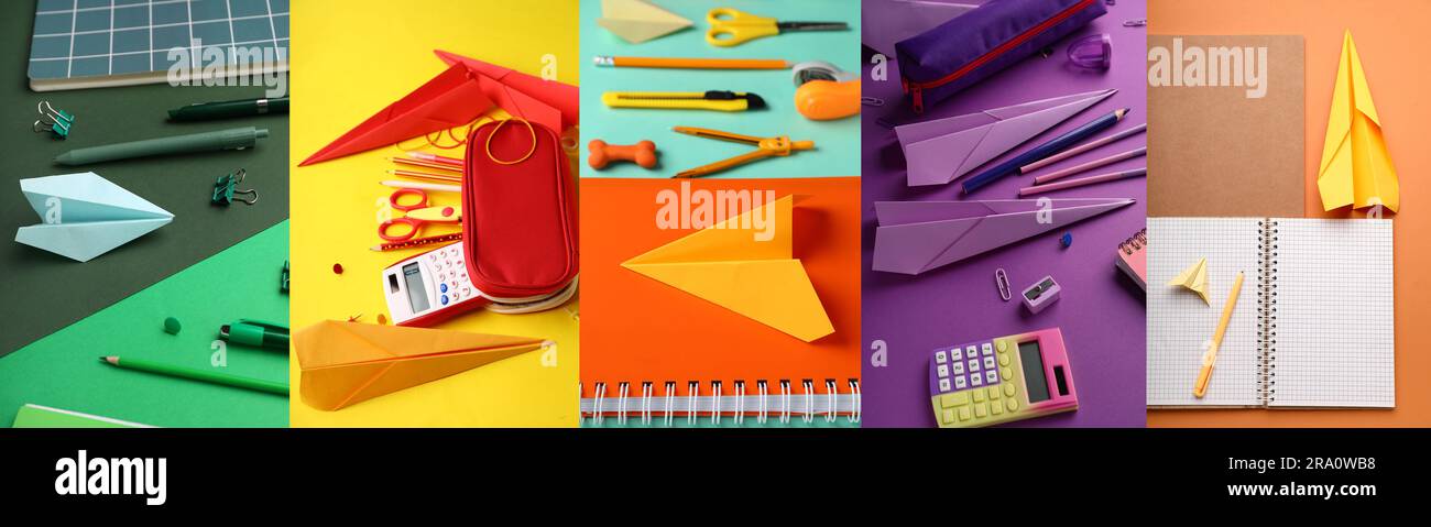 Group of school supplies and paper planes on color background Stock ...