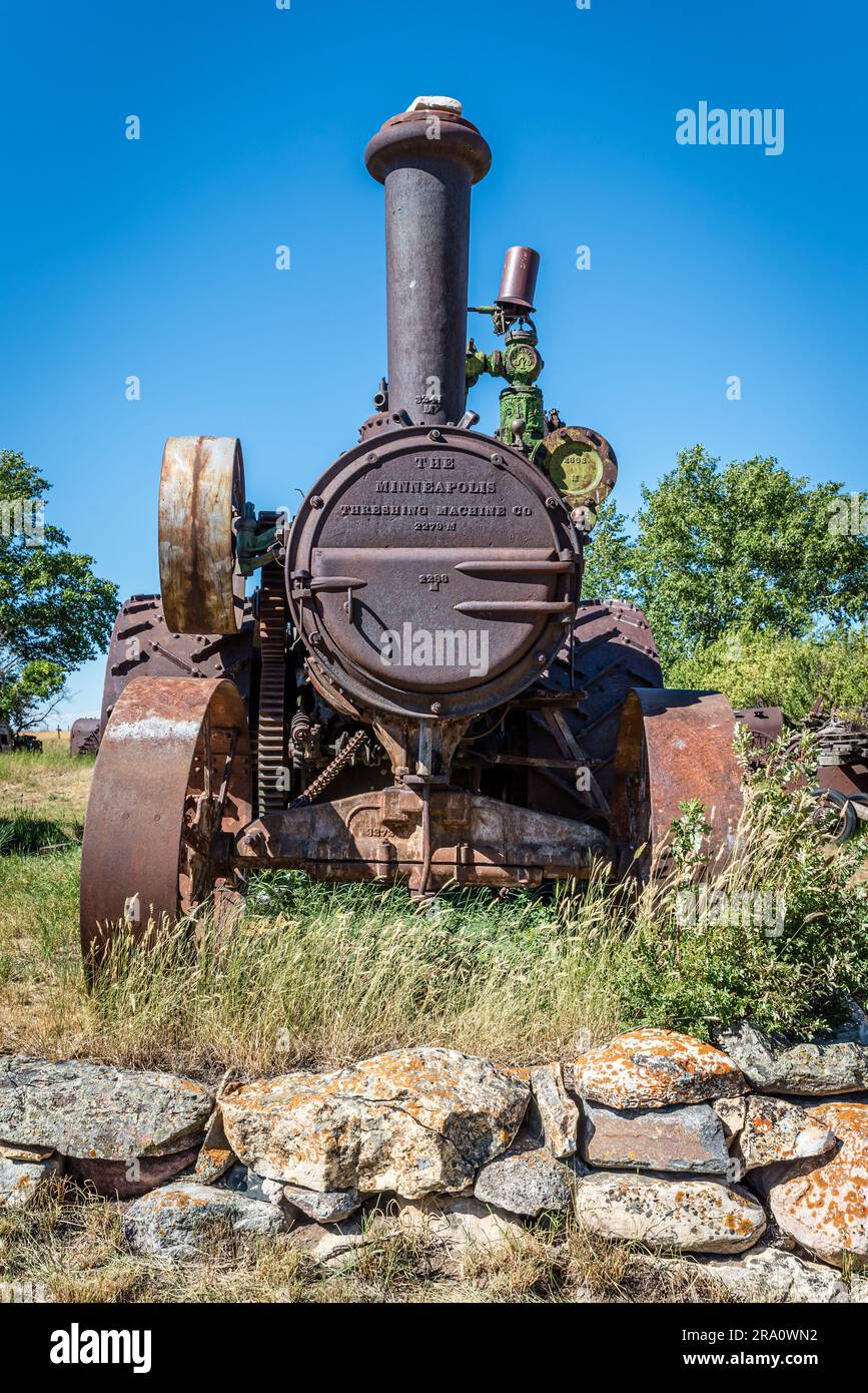 Piapot, Saskatchewan, Canada- Aug 8, 2022: The front end of an old ...
