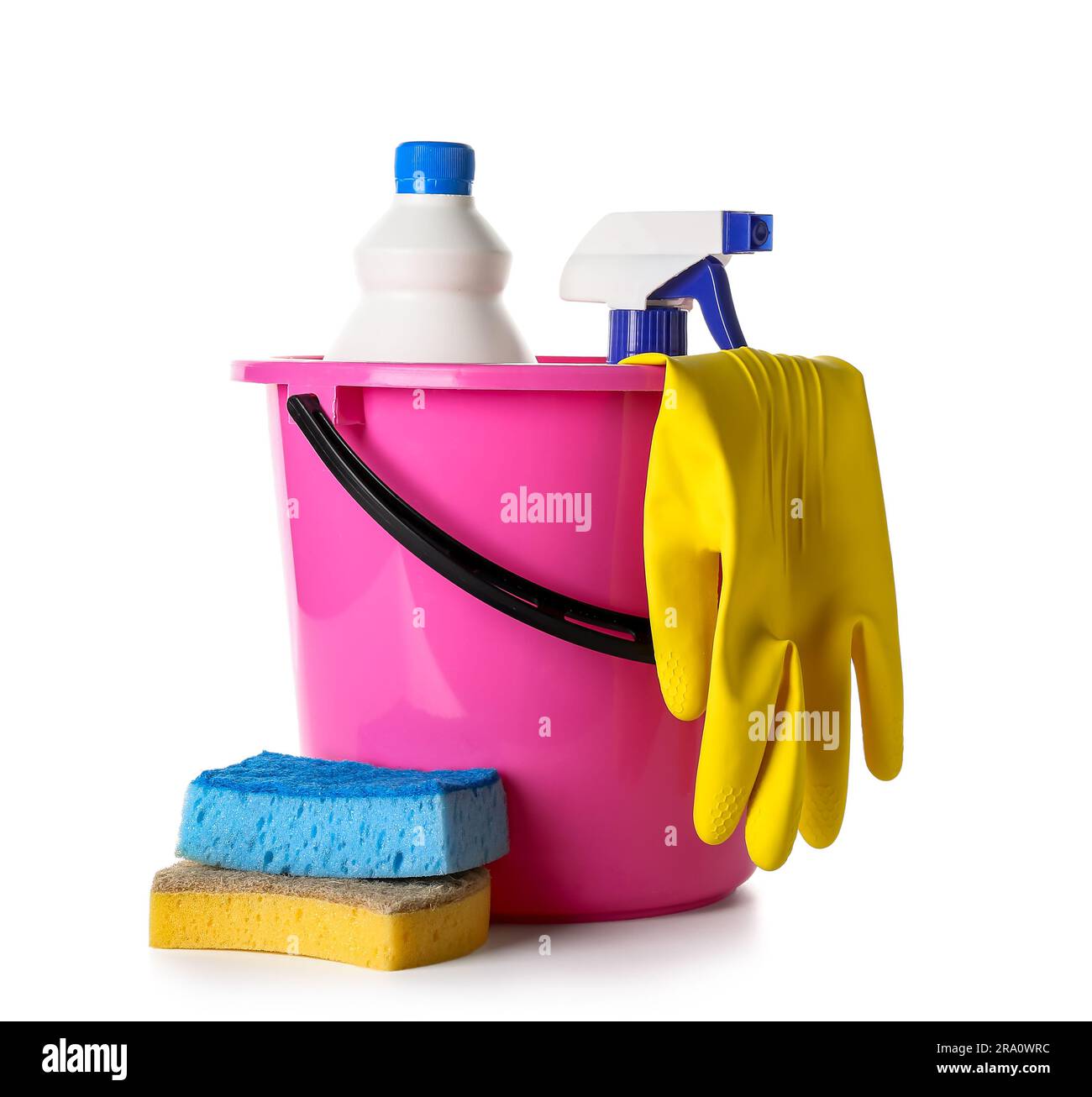 Bucket with different cleaning supplies on white background Stock Photo ...