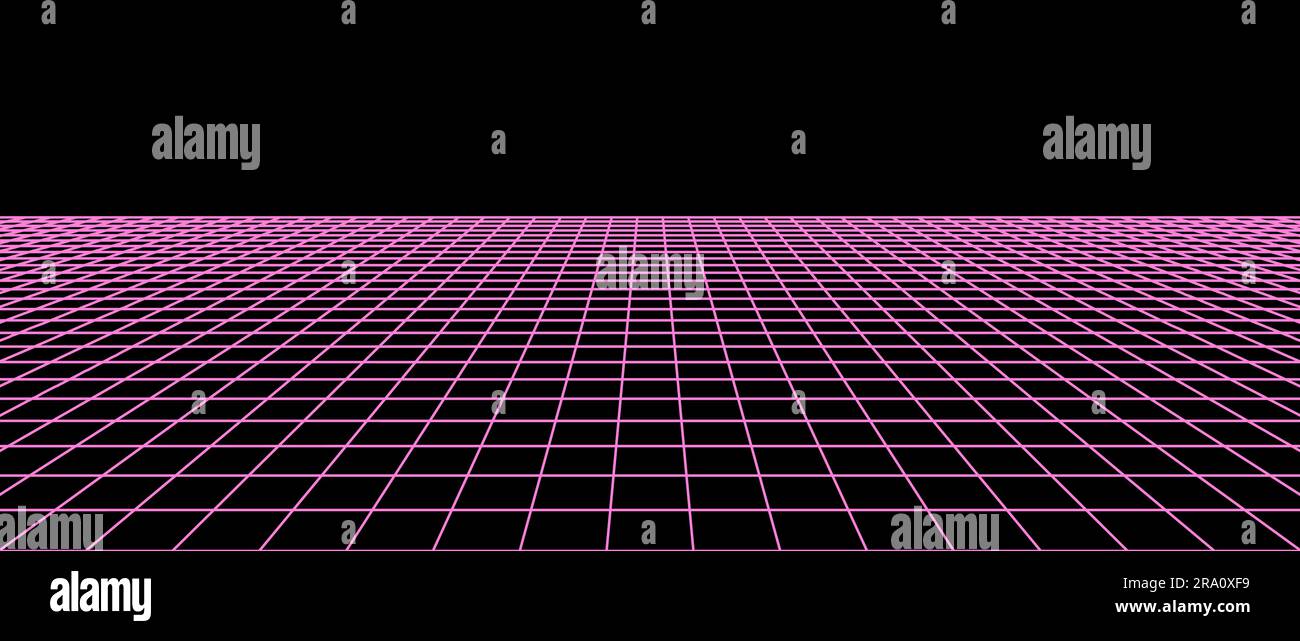 Pink neon flat wireframe grid. Checkered floor landscape. Horizontal ...