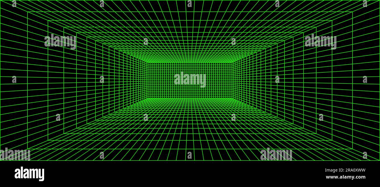 Green neon wireframe grid room. 3d background in perspective ...