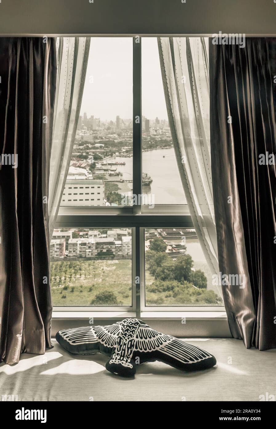 Black bird pillow puts on cushion seat beside the window. Looking ...