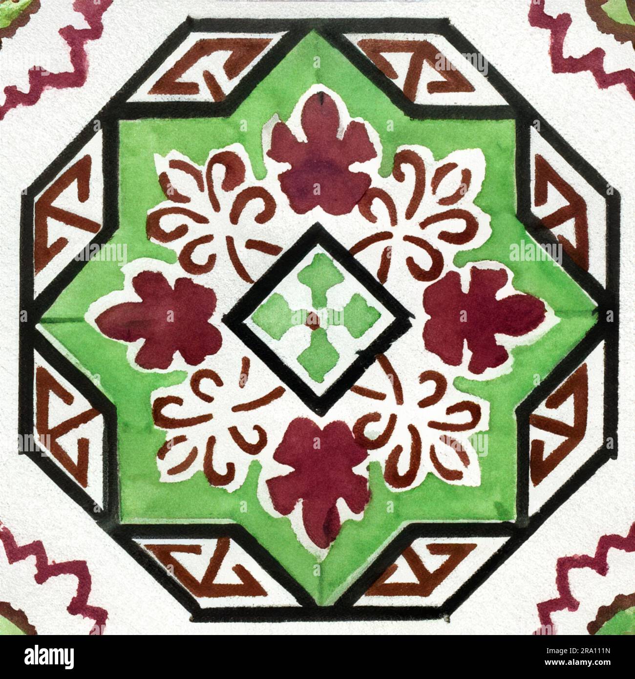 Watercolor illustration of portuguese ceramic tiles pattern. Single ...