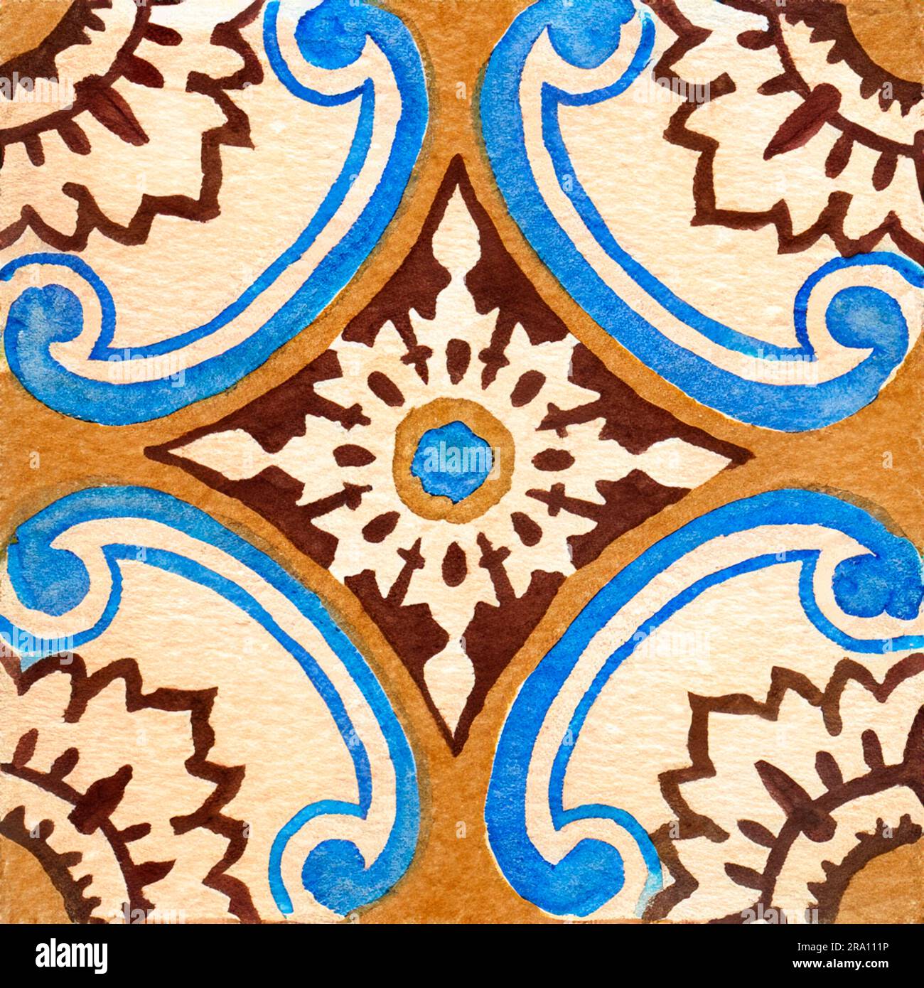 Watercolor illustration of portuguese ceramic tiles pattern. Single ...