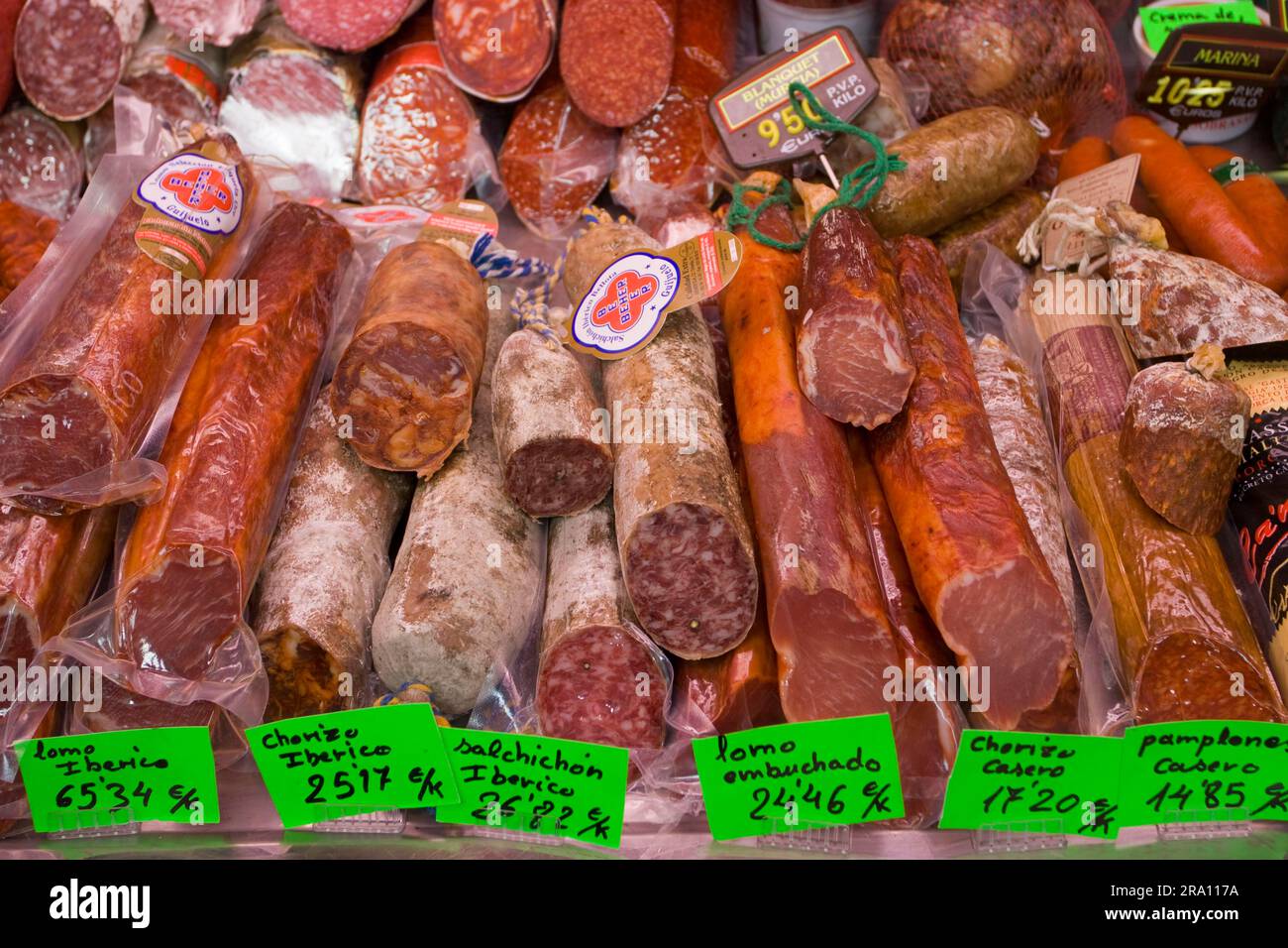 Sausages with price tag, market hall 'Mercado Central', sausage, salami ...