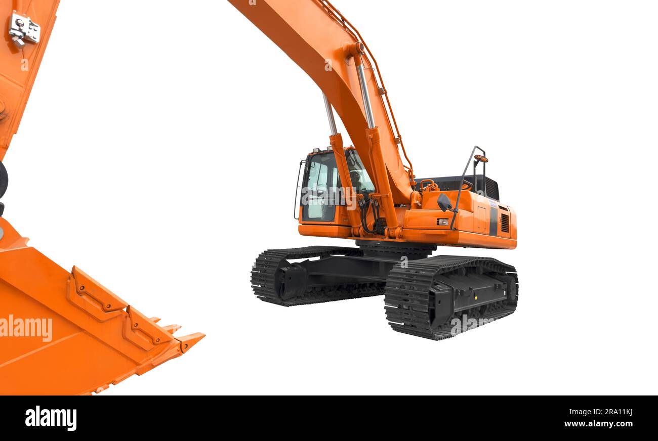 Crawler excavator with lift up bucket isolated on white background ...
