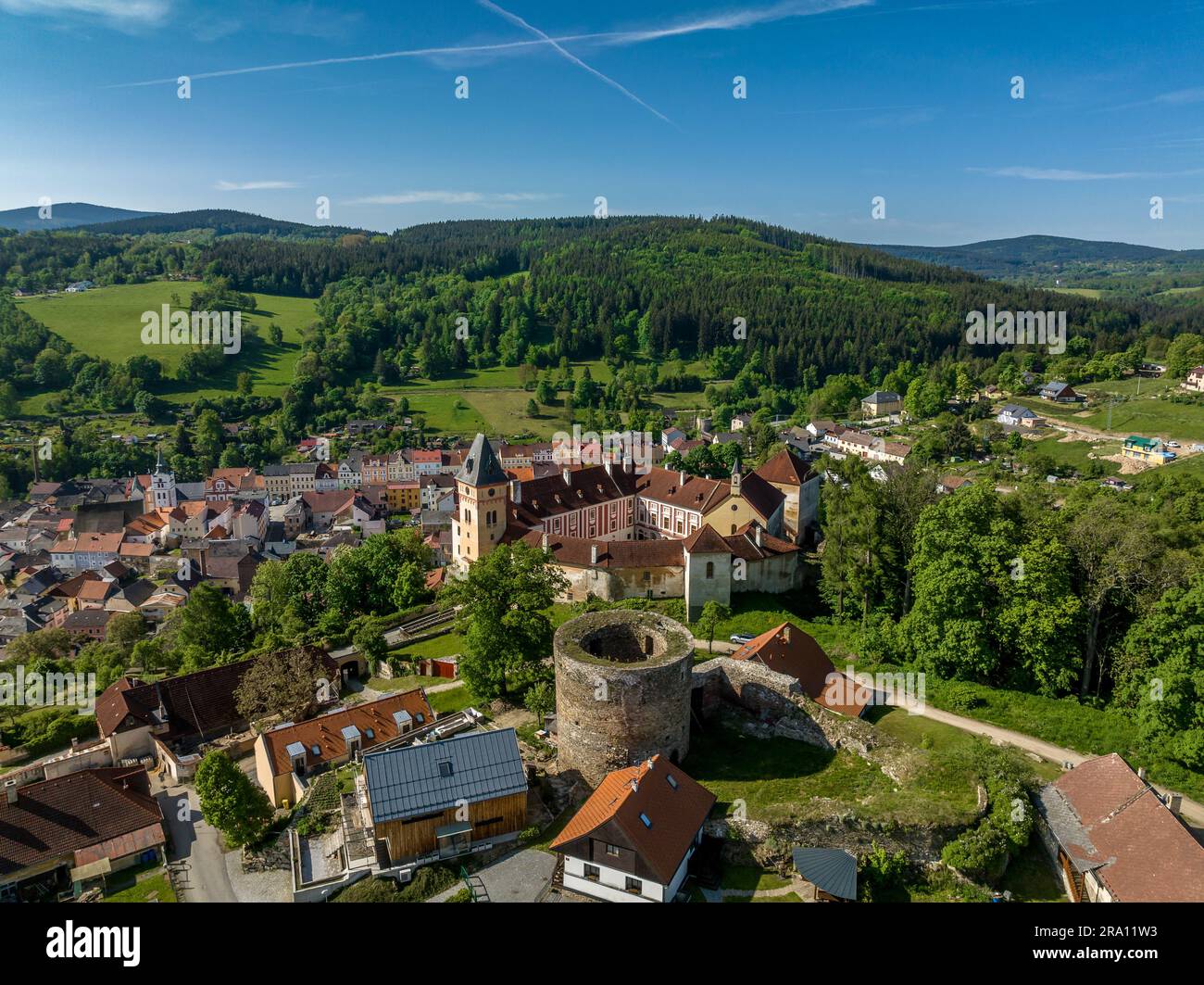 Aerial view of Vimperk Renaissance chateau castle with fortified round ...
