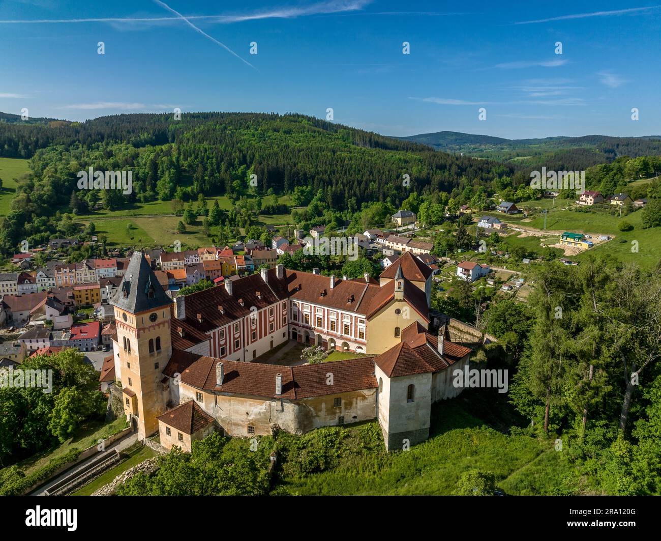 Aerial view of Vimperk Renaissance chateau castle with fortified round ...