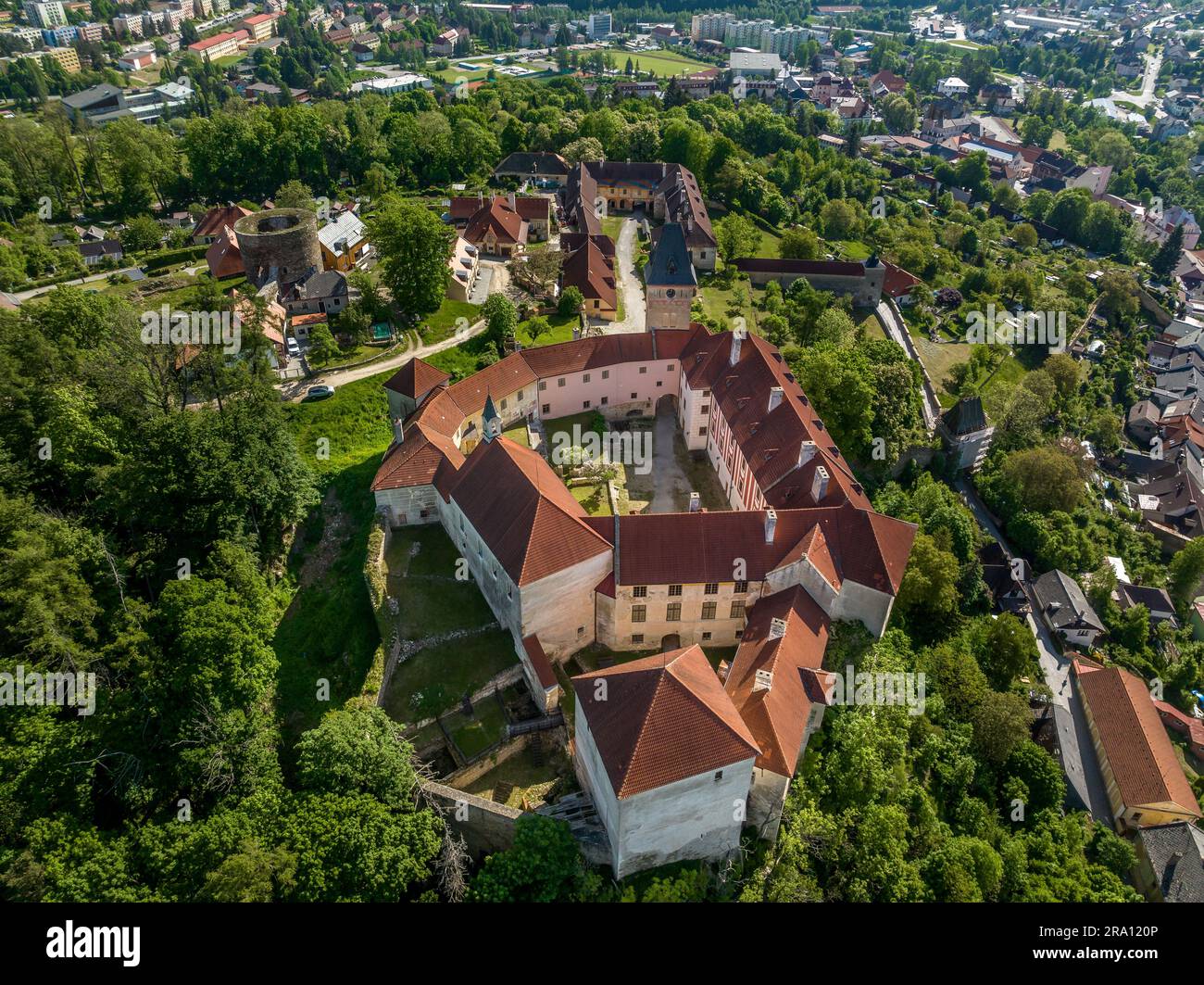 Aerial view of Vimperk Renaissance chateau castle with fortified round ...